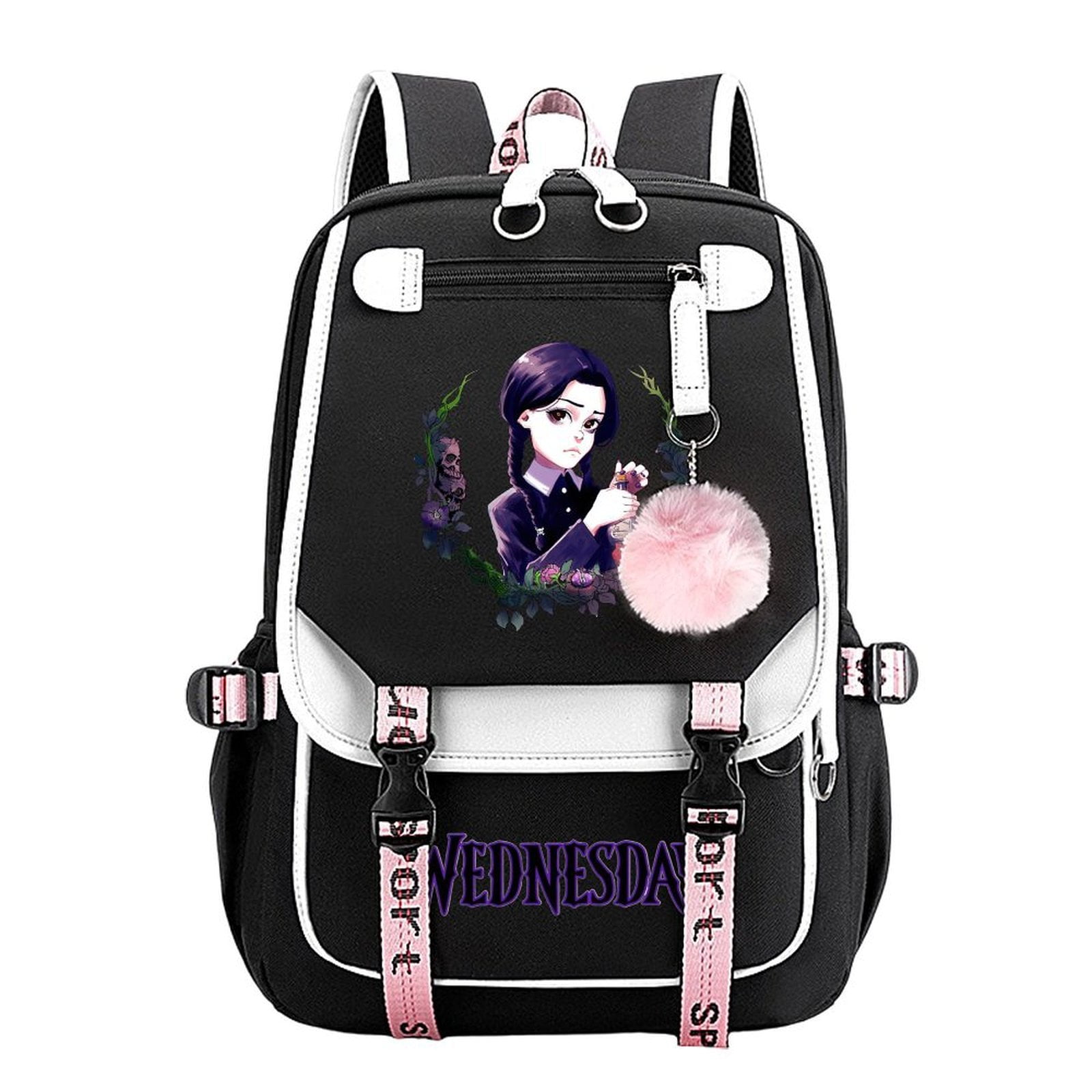 Wednesday Addams Cute Backpack with Plush Pendant, 18.1inch Waterproof ...
