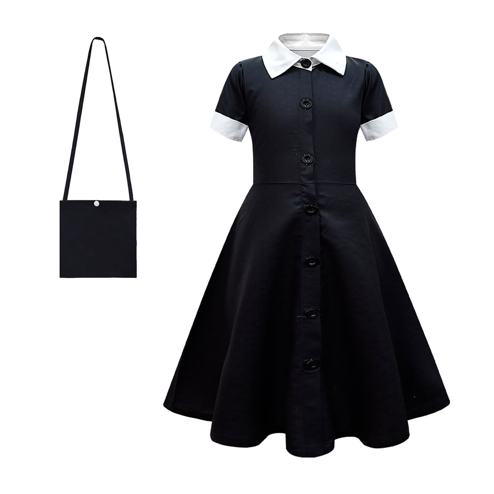 Wednesday Addams Dress Girl Lapel Button Black Dress Set with Bag - The ...