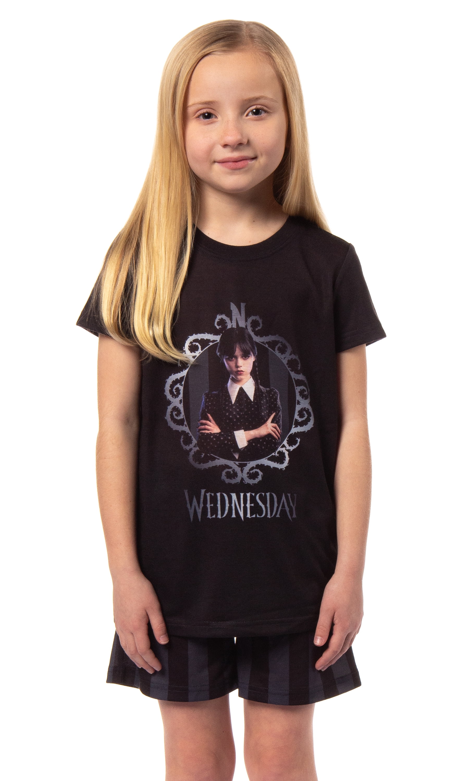 Wednesday Addams Girls' Striped Pajamas Sleep 2-Piece Lounge Short ...