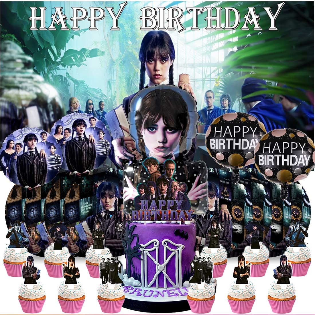 Wednesday Addams Party Supplies Decor Tableware Backdrop Banner Cake ...