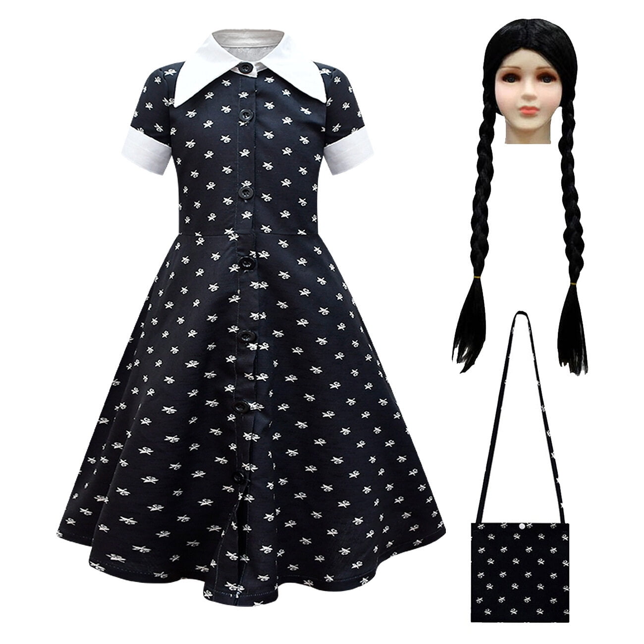 Wednesday Costume Girls Summer Short Sleeve Dress with Bag and Wig ...