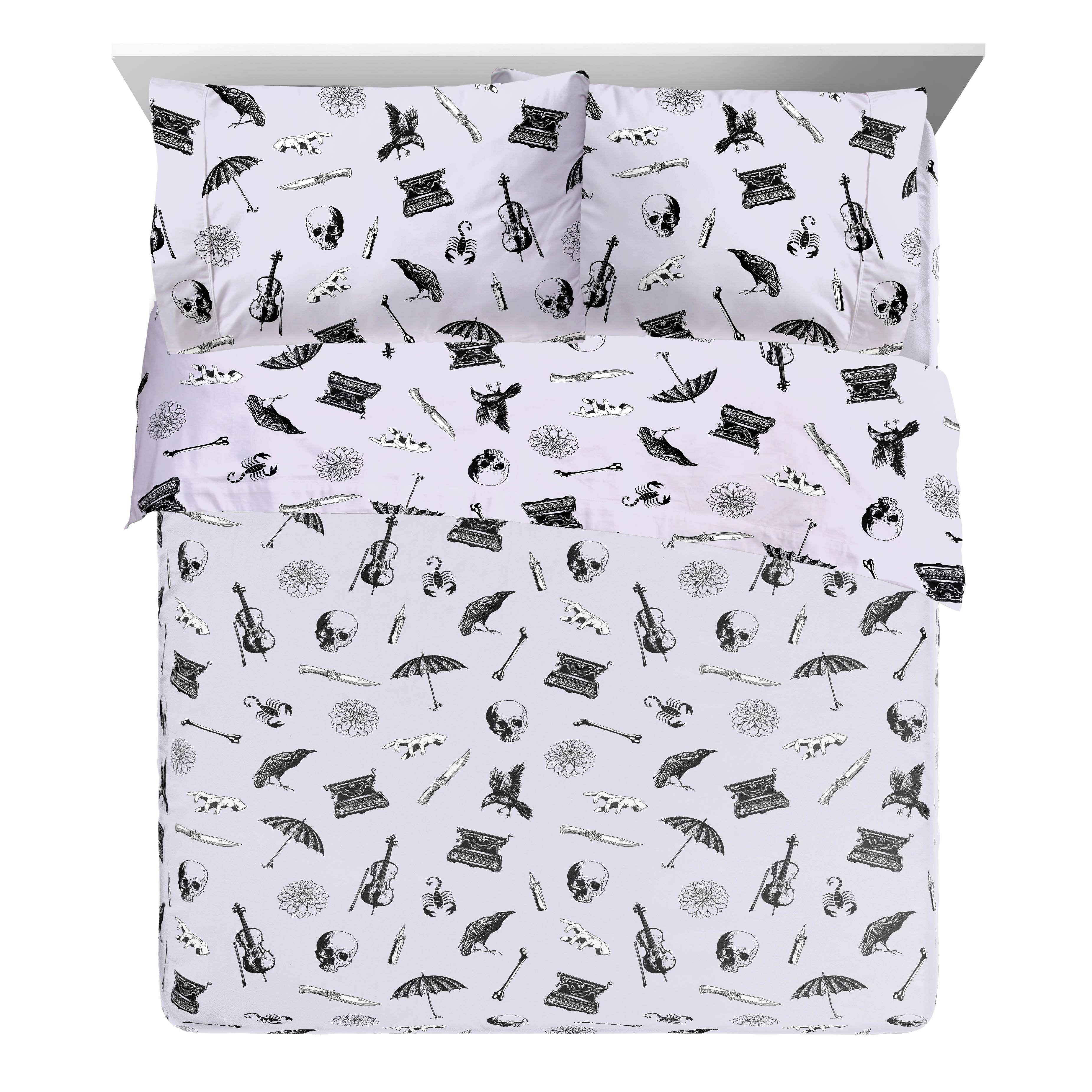 Wednesday Addams Floral Skulls 4-Piece Full Sheet Set, Kids, Polyester ...