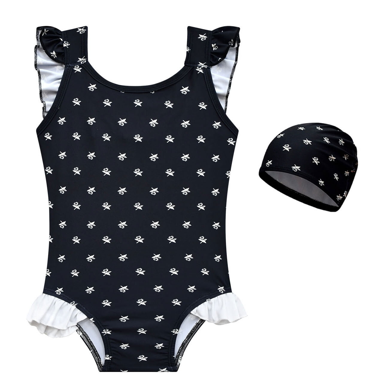 Black Swimsuit with Swim Cap for Girls, One-Piece Bathing Suits, Size ...
