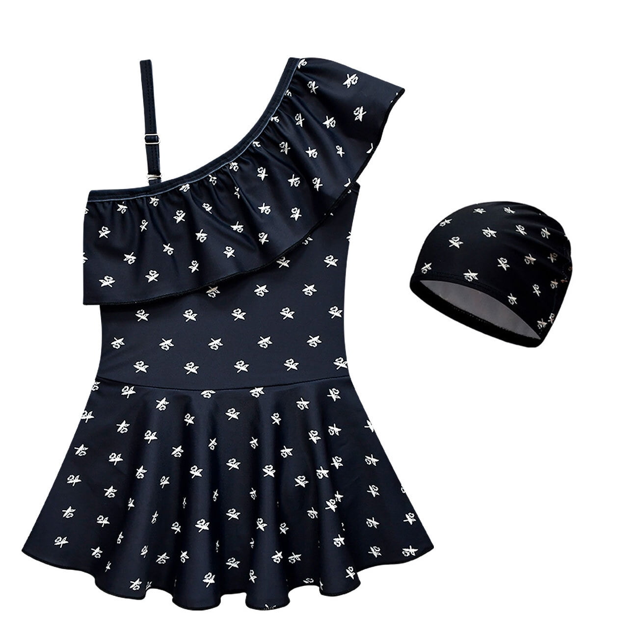 Black Swimsuit with Swim Cap for Girls, One-Piece Bathing Suits, Size ...