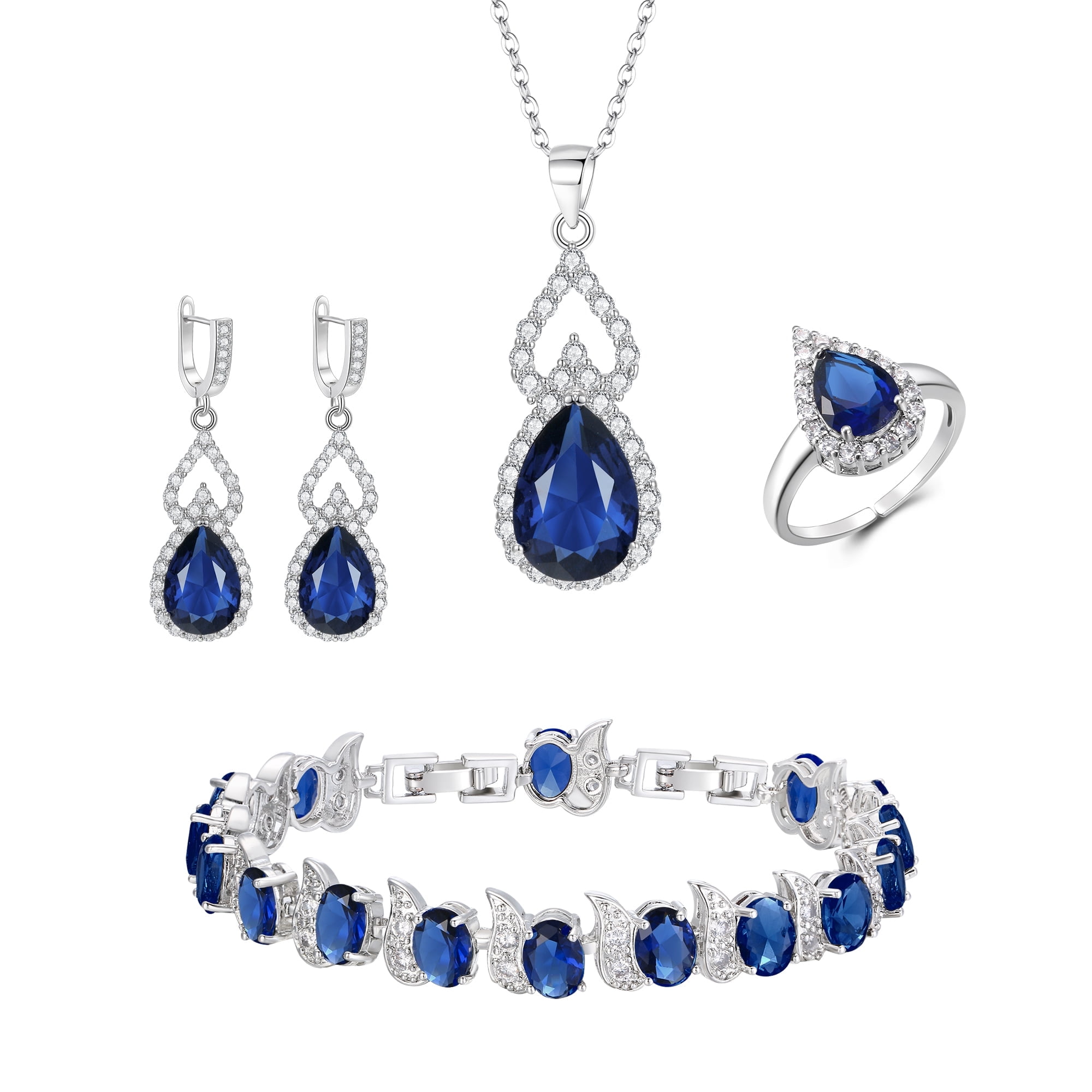 Wedure Wedding CZ Open Ring Bracelet Necklace Dangle Earrings Set ...