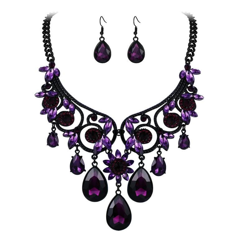 Wedure Women s Costume Jewelry Tribal Ethnic Crystal Chunky Statement Necklace Dangle Earrings Set for Halloween Party Iridescent AB Black Tone Walmart