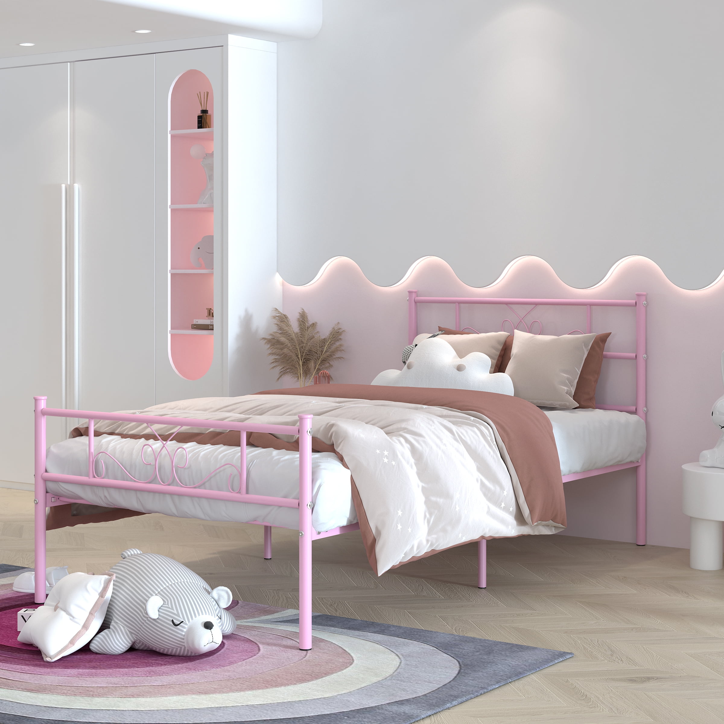 WeeHom Single Youth Toddler Pink Metal Bed Frame with Headboard, Twin ...