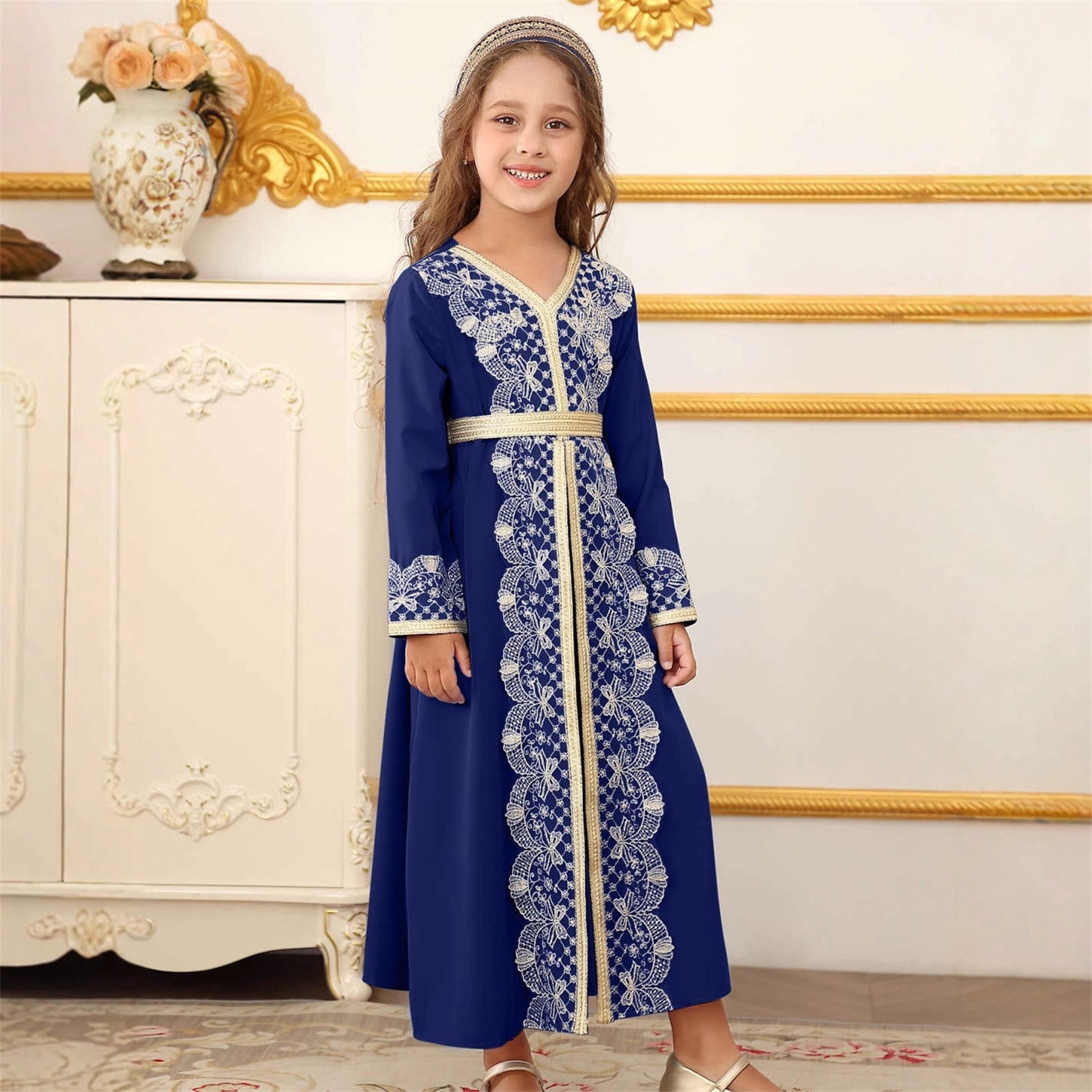 Weebloom Girls Dress Elegant Embroidered Abaya Dress Long Sleeve Party ...