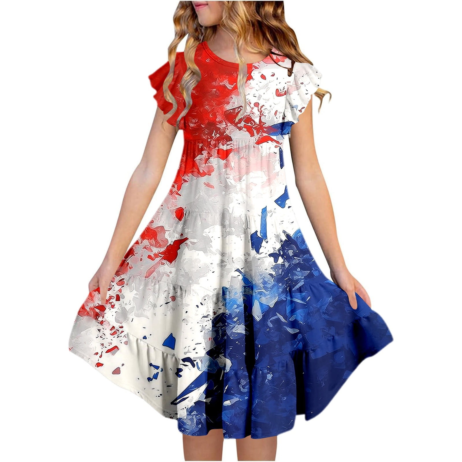 Weebloom Girls Graduation Dress,4Th Of July Print Flutter Sleeve Tiered ...