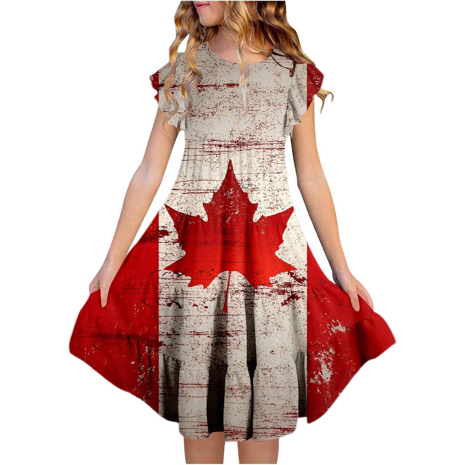 Weebloom Girls Graduation Dress,Floral Cute Red White Maple Leaf Print ...