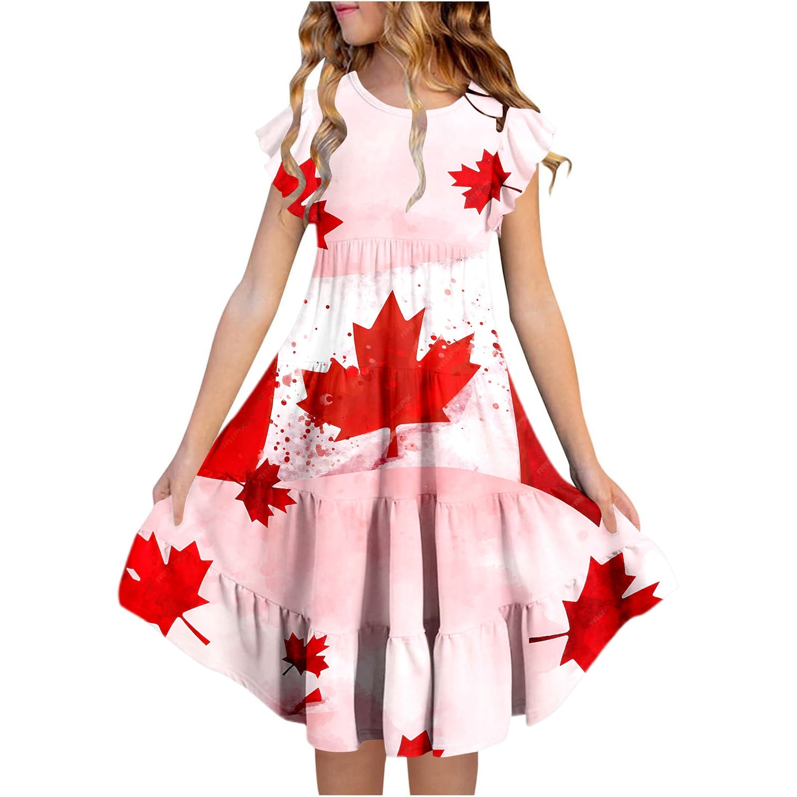 Weebloom Girls Graduation Dress,Floral Cute Red White Maple Leaf Print ...