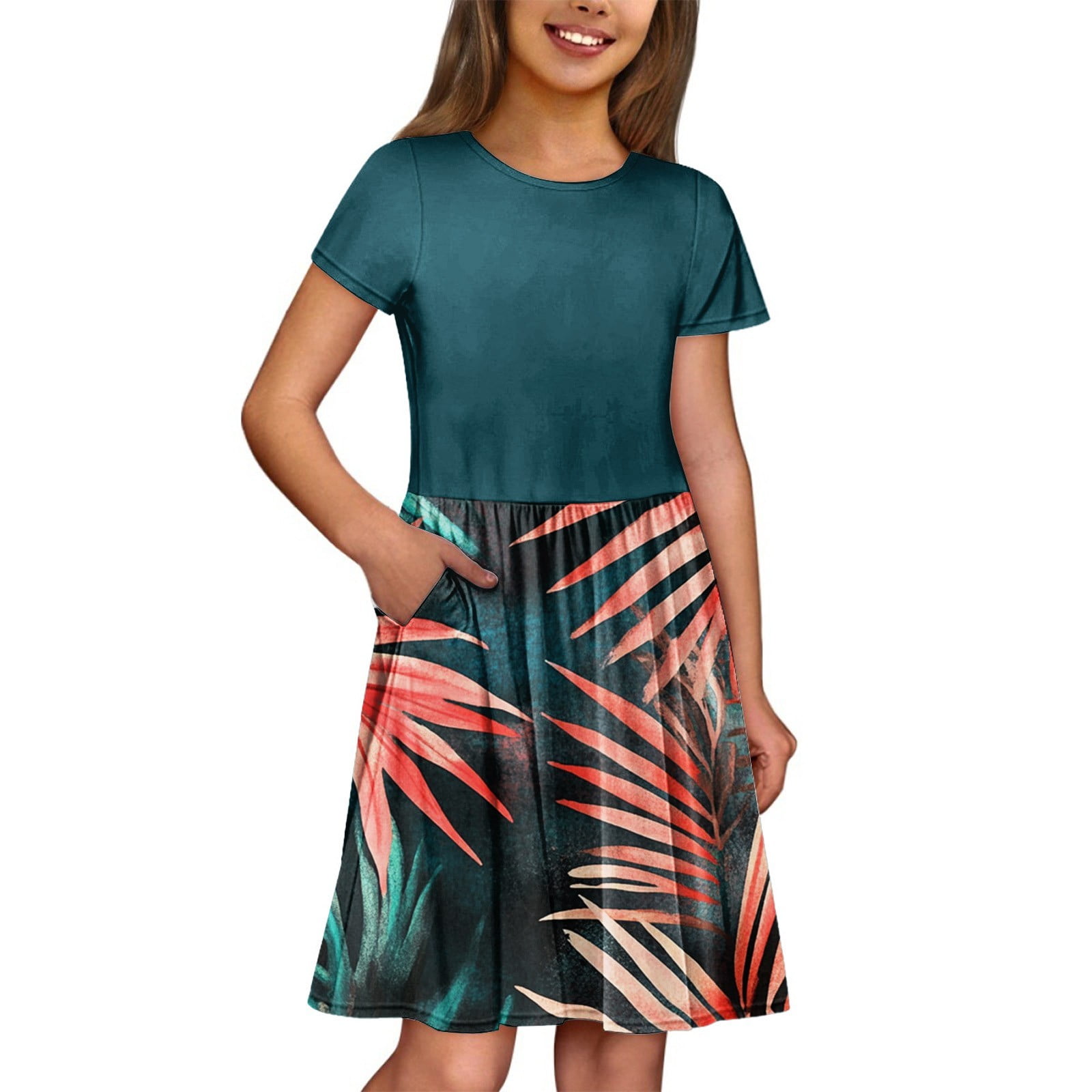 Weebloom Girls Hawaiian Dress,Cute Floral Print Round Neck Short Sleeve ...