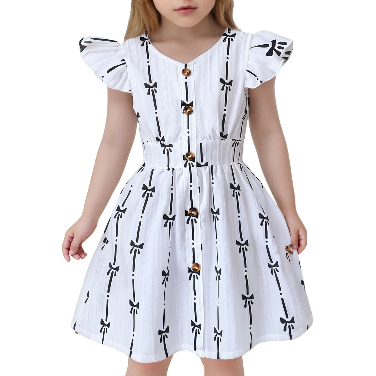Weebloom Girls Spring Dresses,Children Bow Print Puff Sleeve Skirt ...