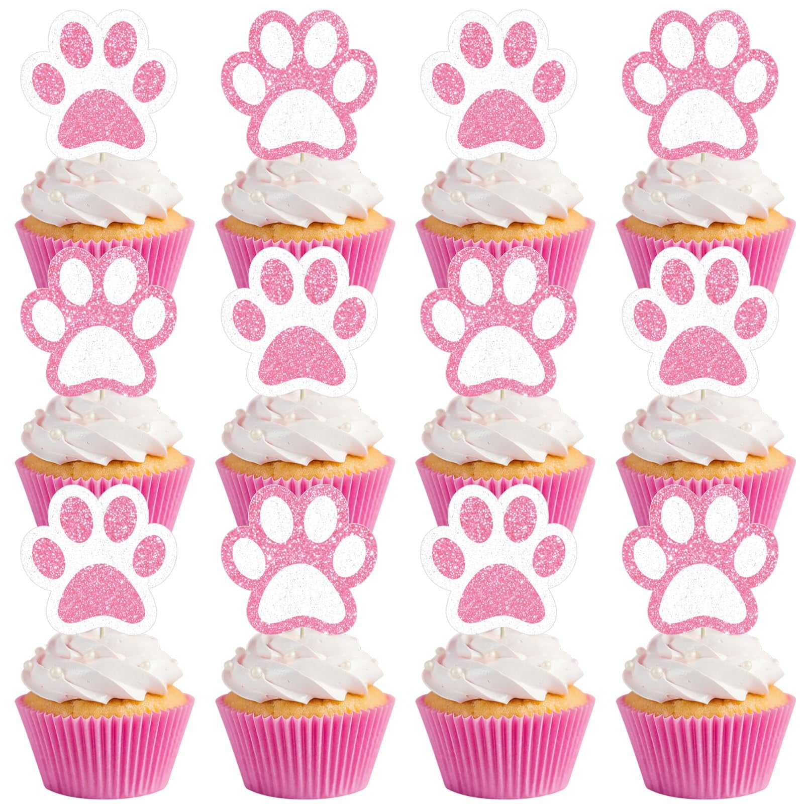 Weecent 36 Pcs Paw Cupcake Toppers Pink Glitter Dog Paw Cake Decorations Glitter Puppy Cupcake ...