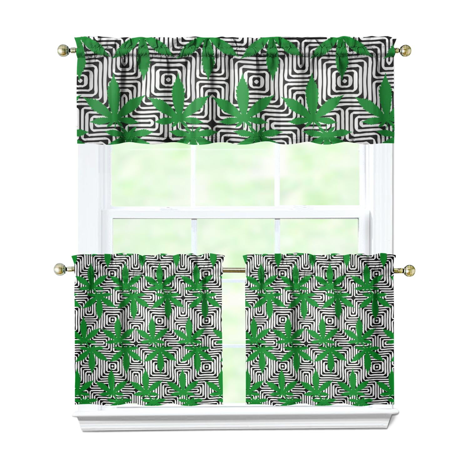 Weed Leaf Design Kitchen Curtains 3 Pack - Rasta Marijuana Print Semi ...
