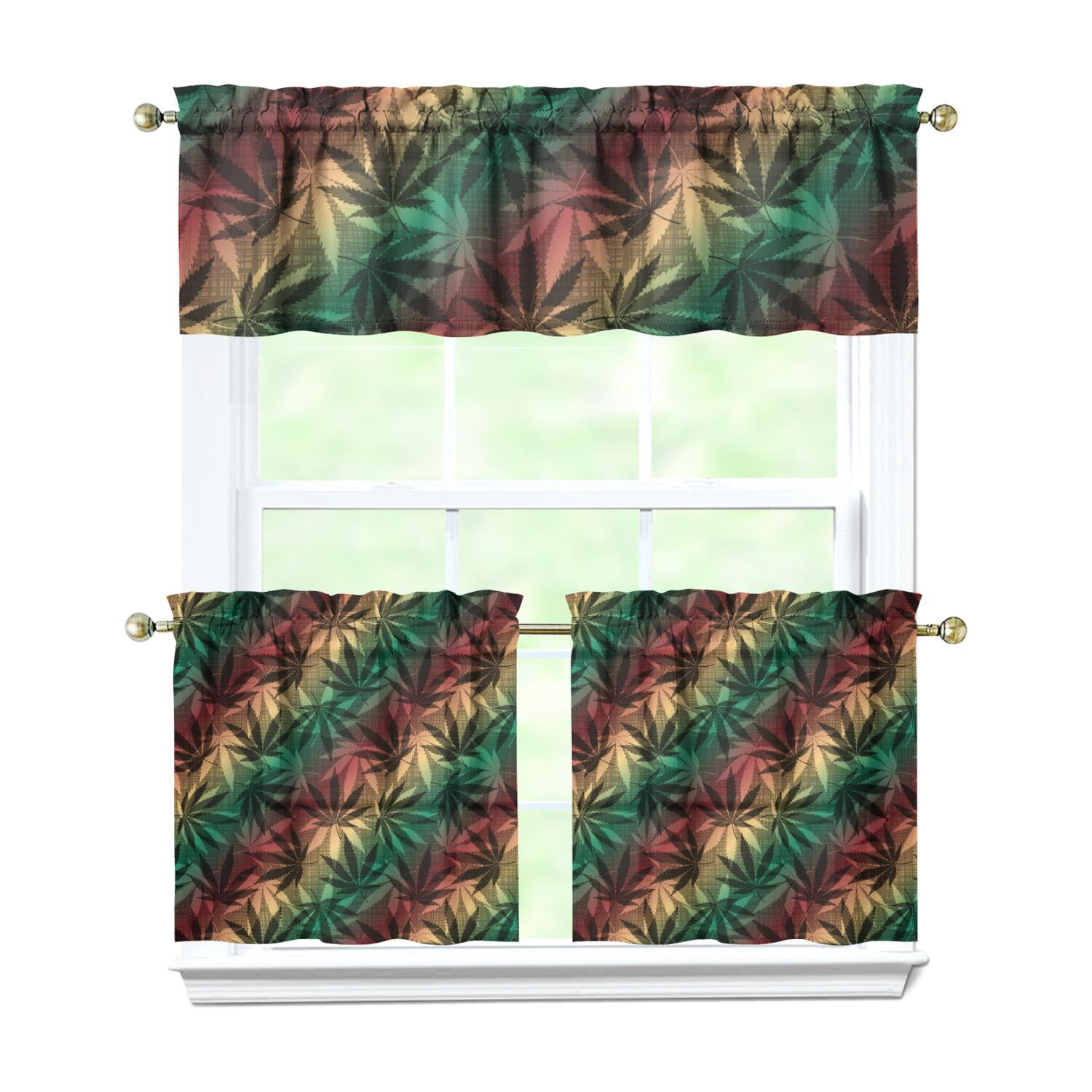 Weed Leaf Design Kitchen Curtains 3 Pack - Rasta Marijuana Print Semi ...