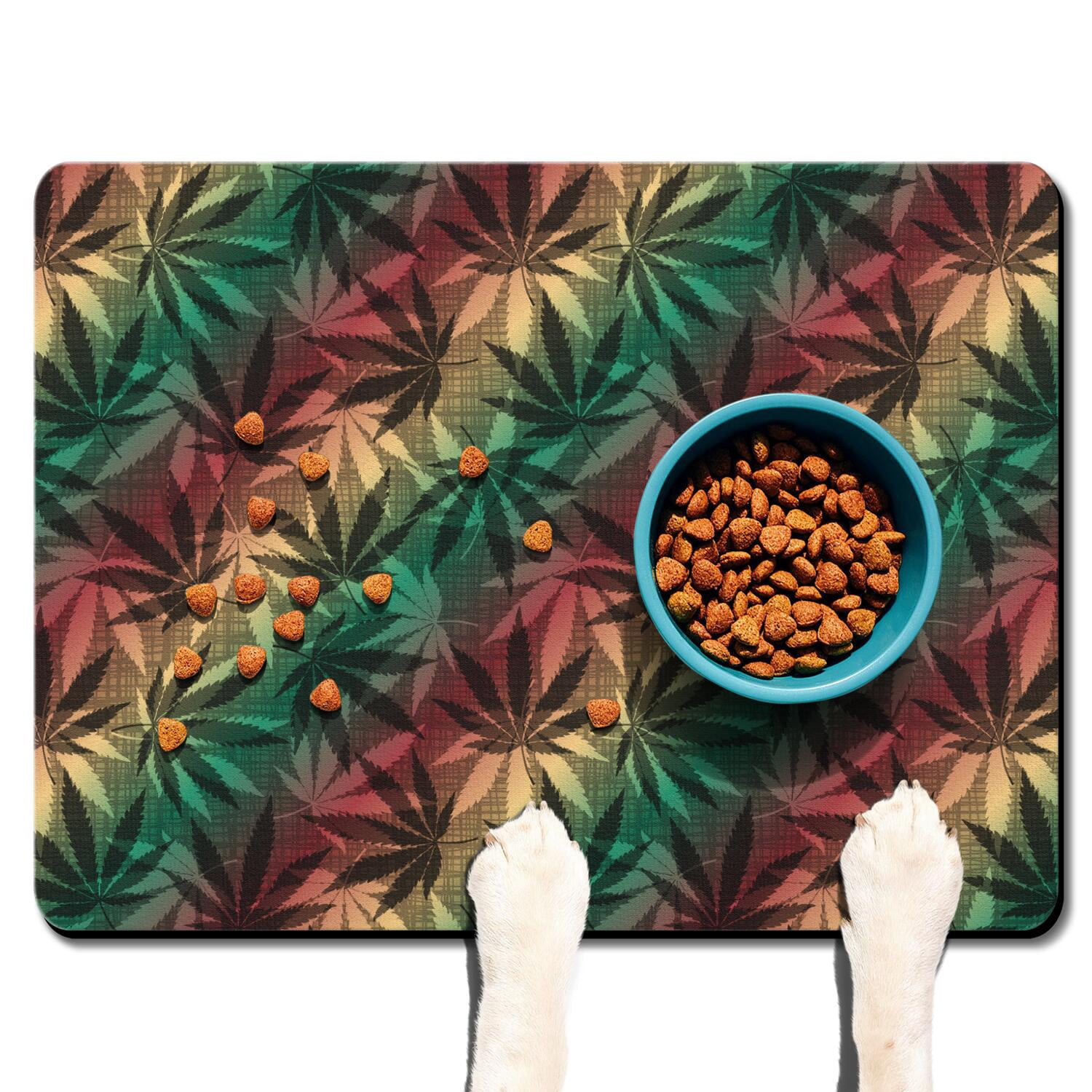 Weed Leaf Dog Food Mat with Hemp Leaf and Psychedelic Weed Patterns ...