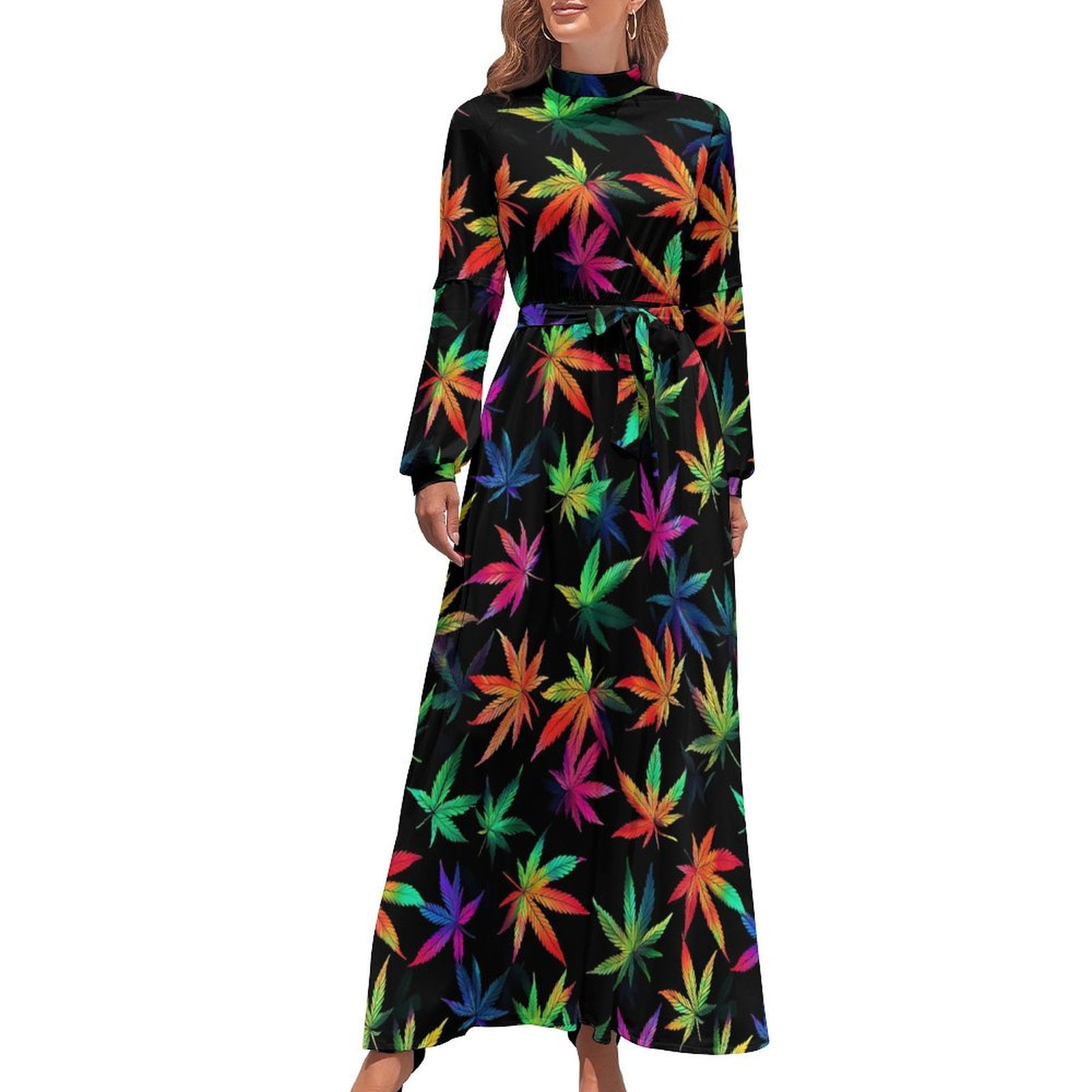Weed Marijuana Leaves Women's Fall Maxi Dress Long Sleeve Turtleneck Flowy Smocked Tie Waist A ...