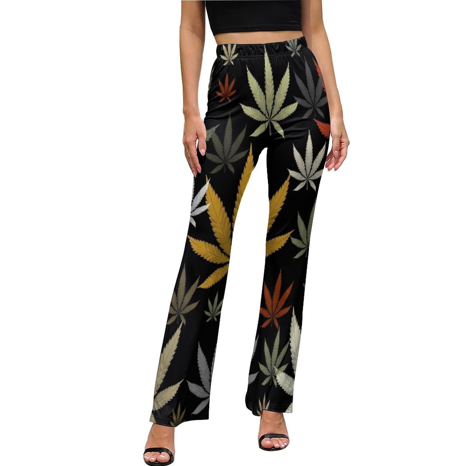 Weed Multicolored Black Background High Waisted Casual Flared Trousers ...