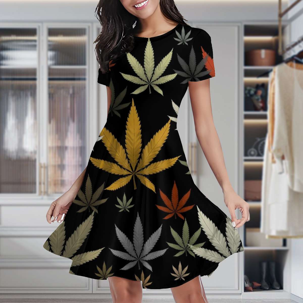 Weed Multicolored Black Background Women's Classic Swing Skater Dress ...
