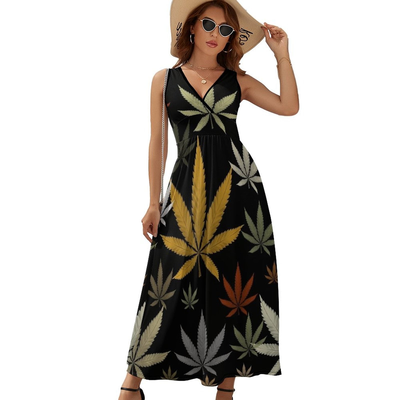 Weed Multicolored Black Background Womens Night Club Maxi Dress V Neck ...