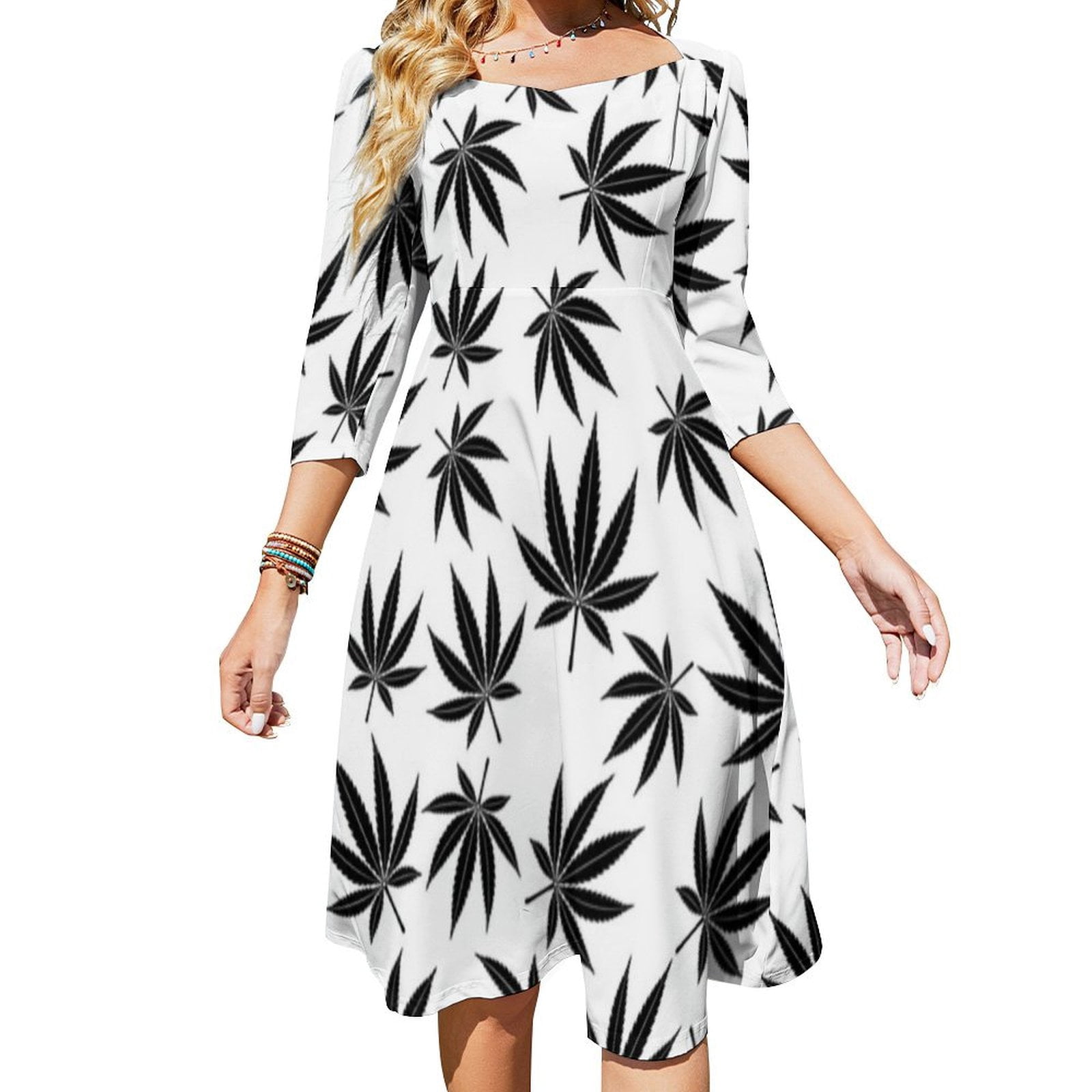 Weed Pattern Sweetheart Knot Flared Dress Fashion Design Large Size ...