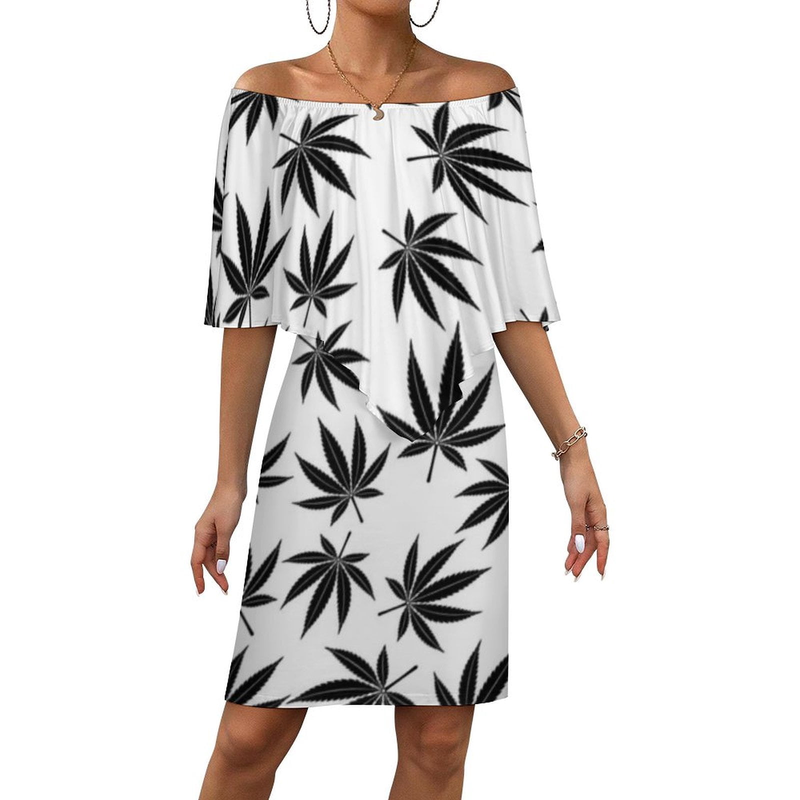 Weed Pattern Women's Off The Shoulder Ruffles Summer Wedding Guest ...