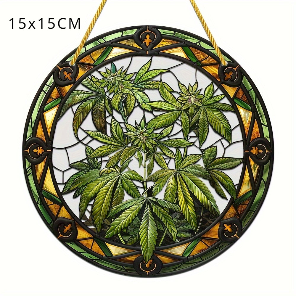 Weed Plant Stained Glass Suncatcher, Round Acrylic Hanging Ornament ...