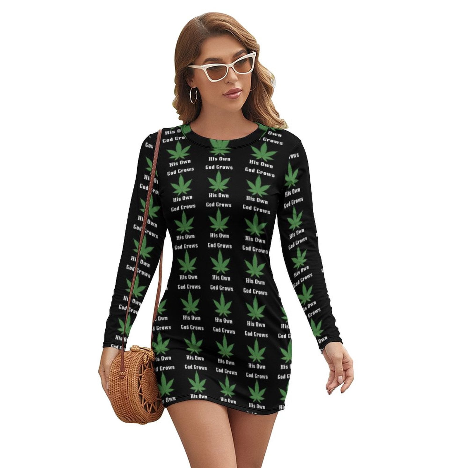 Weed Typography Dress Long Sleeve Bohemian Word Cloud Print Night Club ...