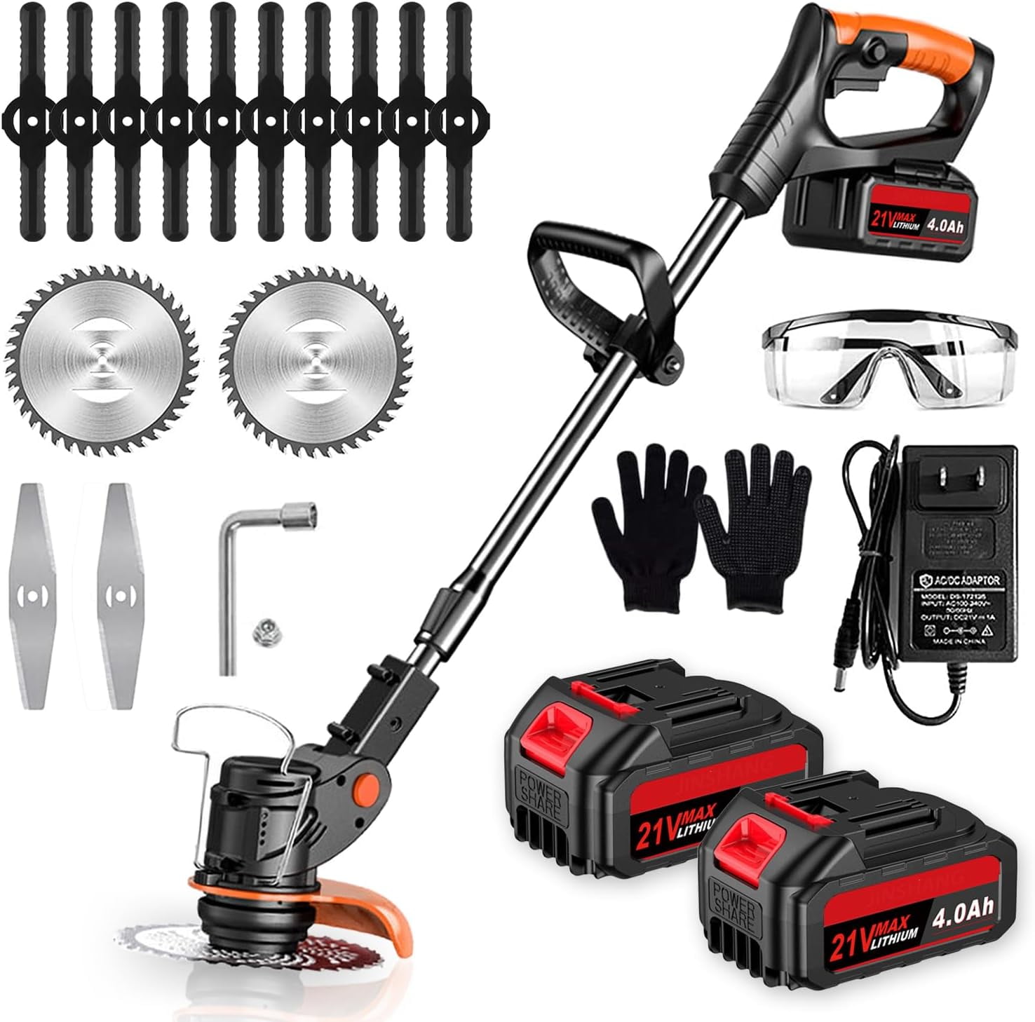 Weed Wacker, 21V Electric Cordless Weed Eater Brush Cutter with 3 Types Blades and 4.0Ah Battery ...