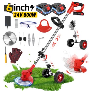 24V 650W Electric Lawn Mover, Cordless Grass Trimmer with 2 Batteries ...