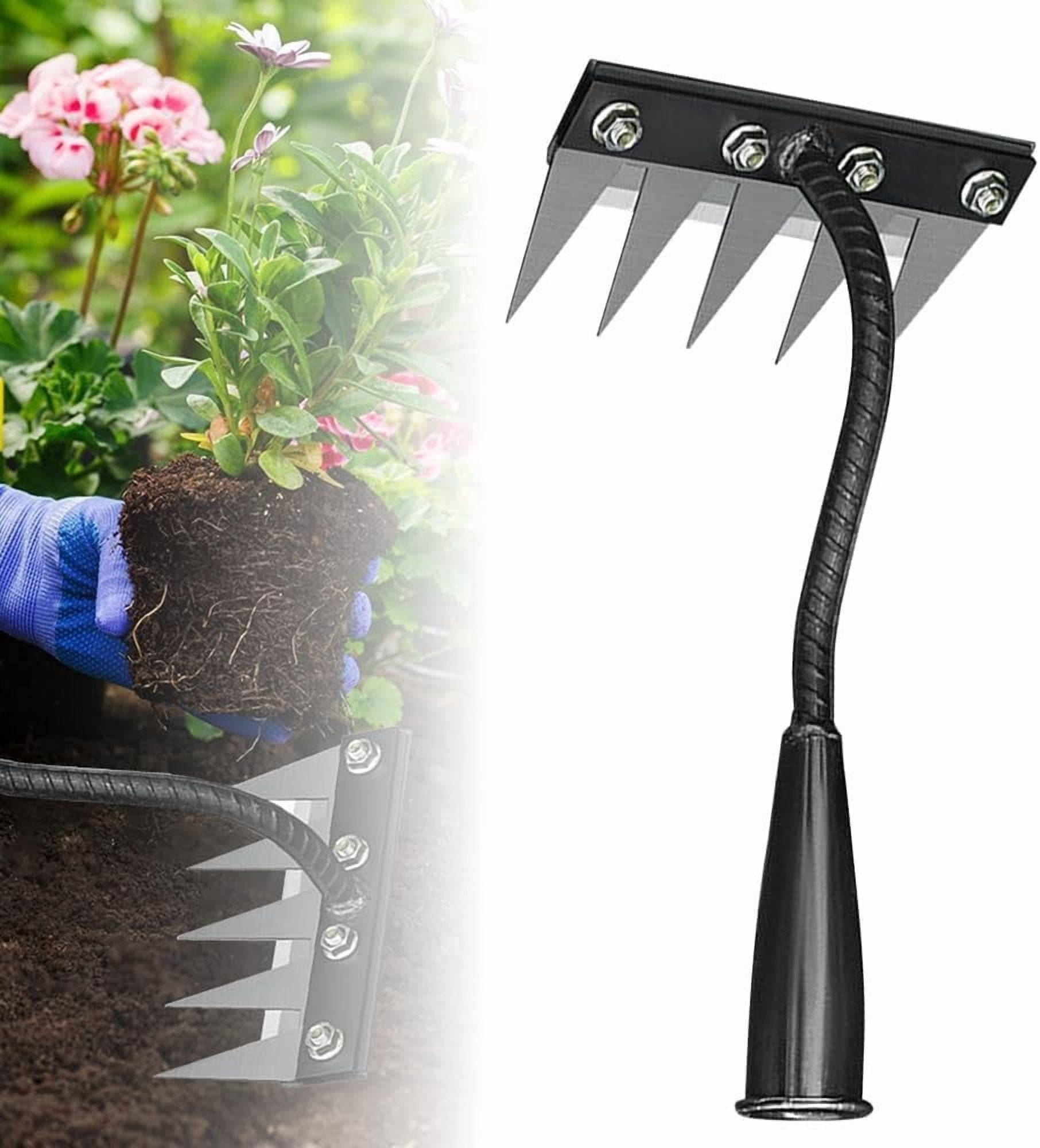 Weeding Rake, 5 Teeth Carbon Steel Garden Tool, Heavy-Duty Hand Weeder ...