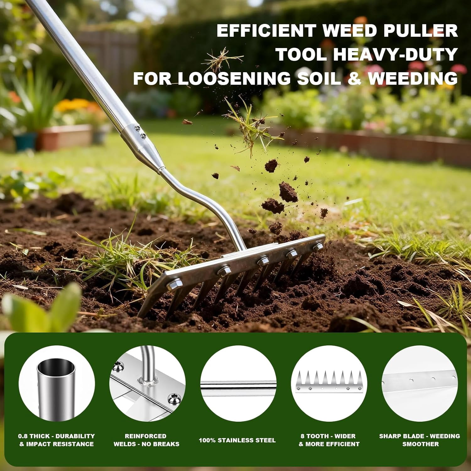 Weeding Rake w 45’’ Ergonomic Curved Handle, 2026 Upgraded 8 Teeth ...