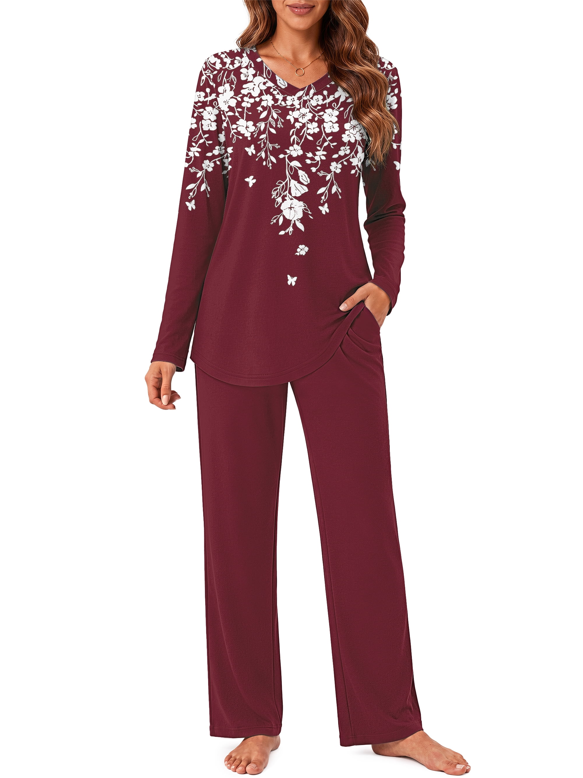 Weekease Long Sleeve Pajamas Set for Women V Neck Tops Wide Leg Pants 2 ...