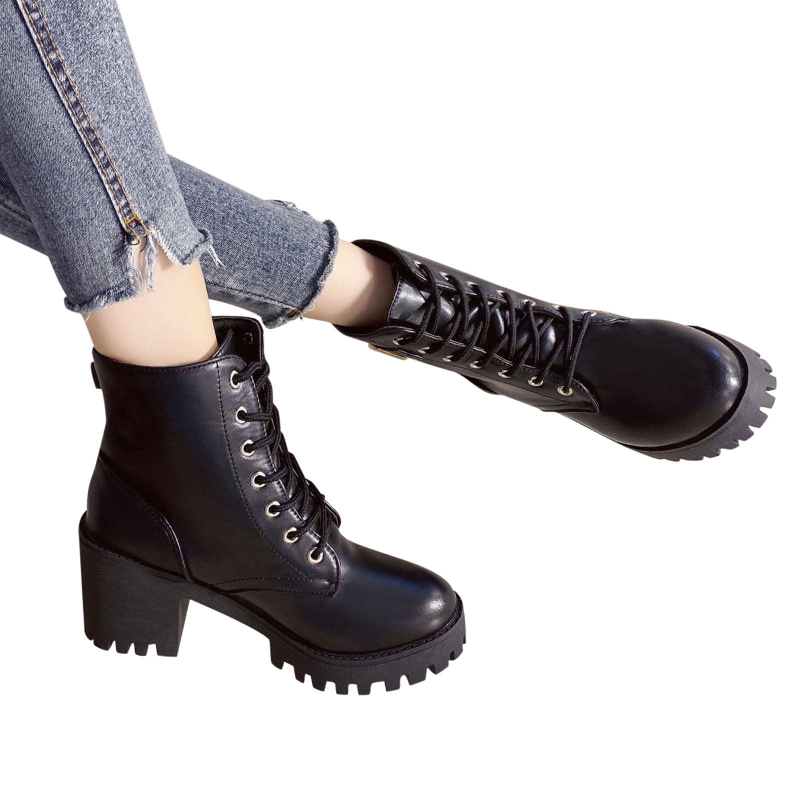 Weekly Deals! Tejiojio Clearance Lace Up Black Current Boots Round Toe ...