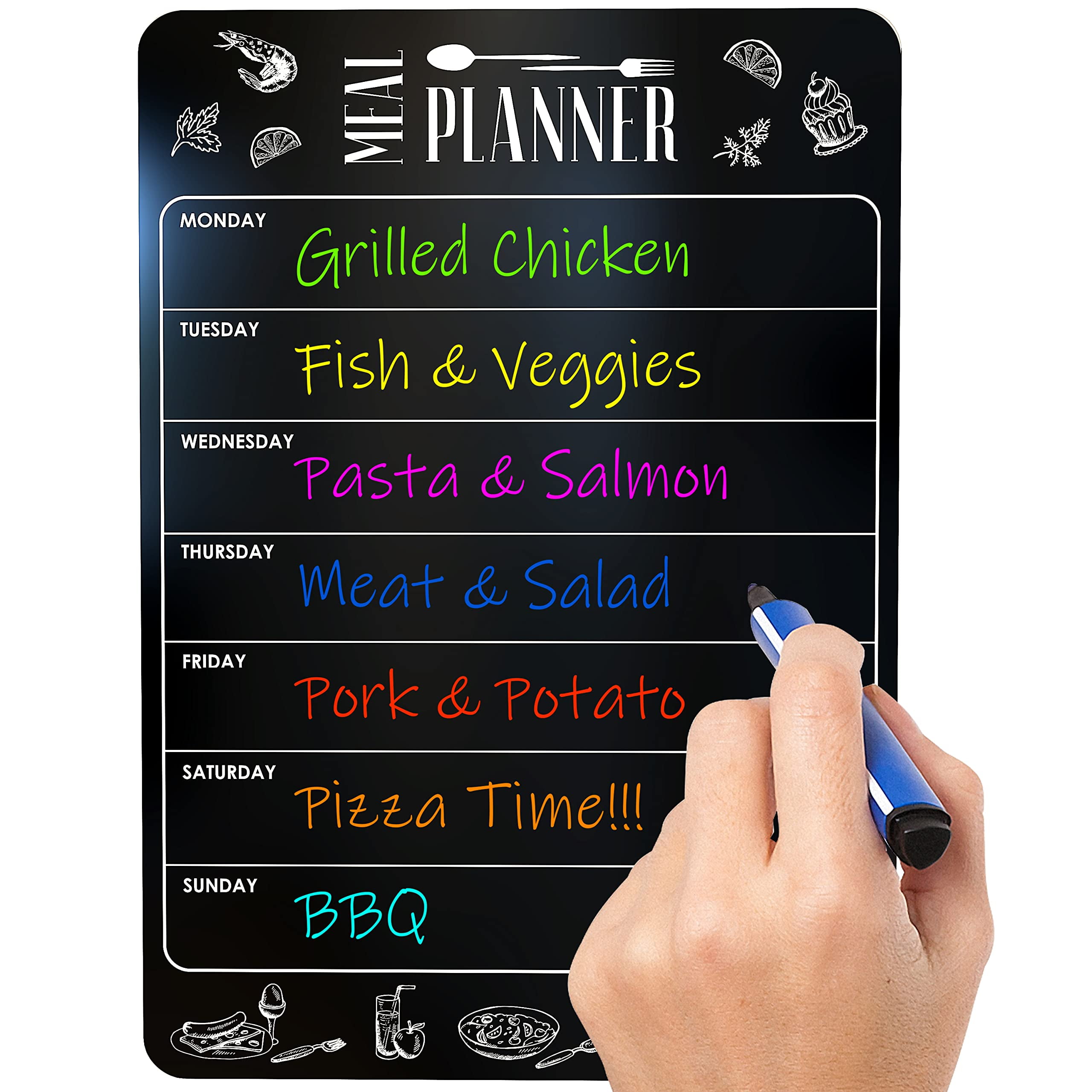 Weekly Dinner Menu Board for Kitchen A4-8.5x12 Black Magnetic Weekly ...