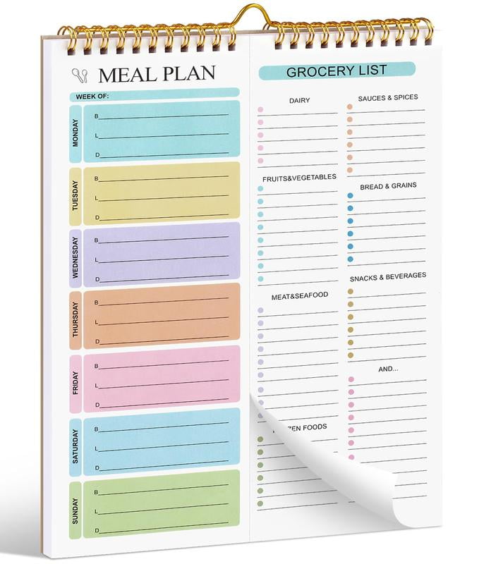 Weekly Meal Planner Notebook - 8.5x11", 50 Sheets, Magnetic, Wall-Mountable Grocery List & Menu ...