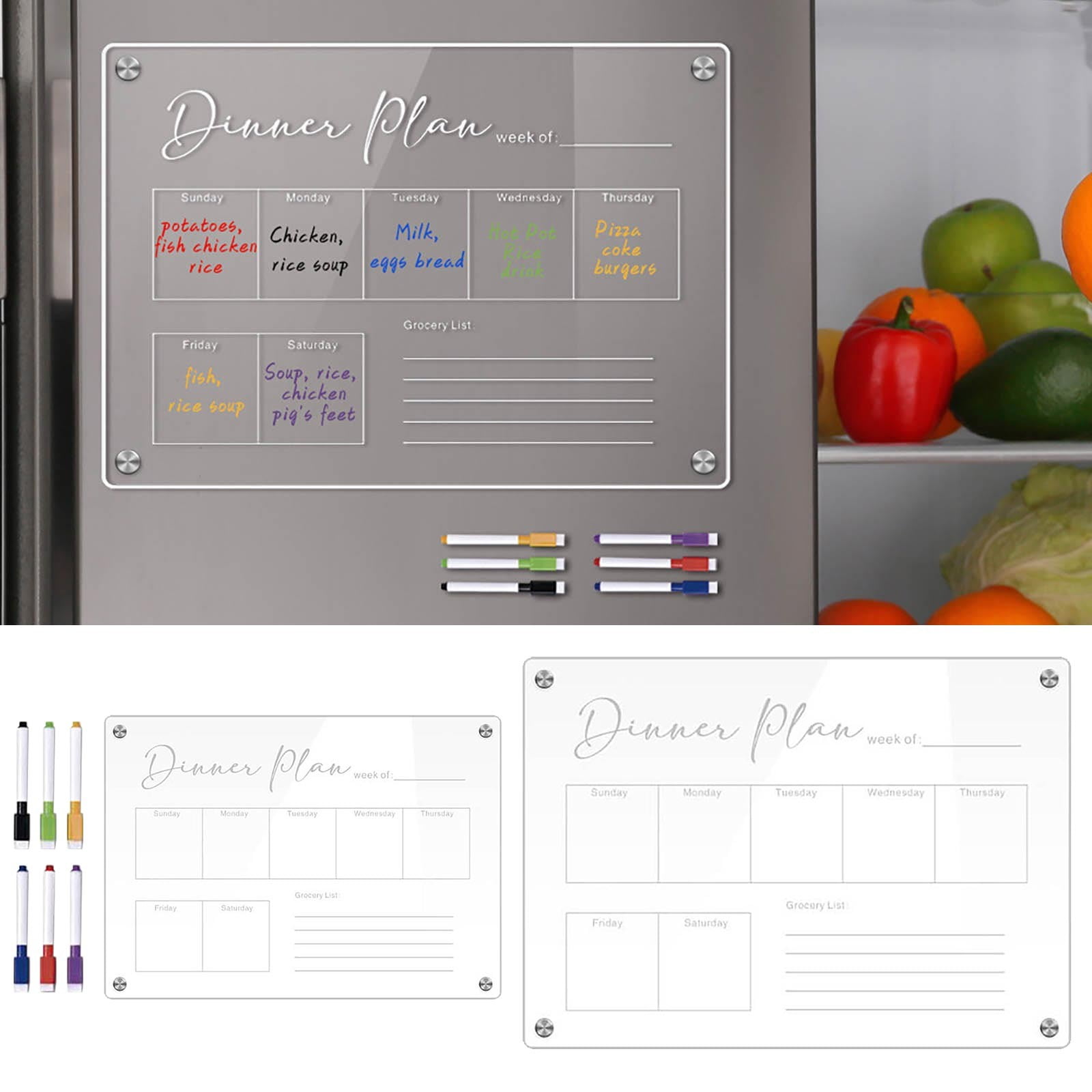 Weekly Menu & Meal Planner Board for Fridge Includes 6 Liquid Chalk ...