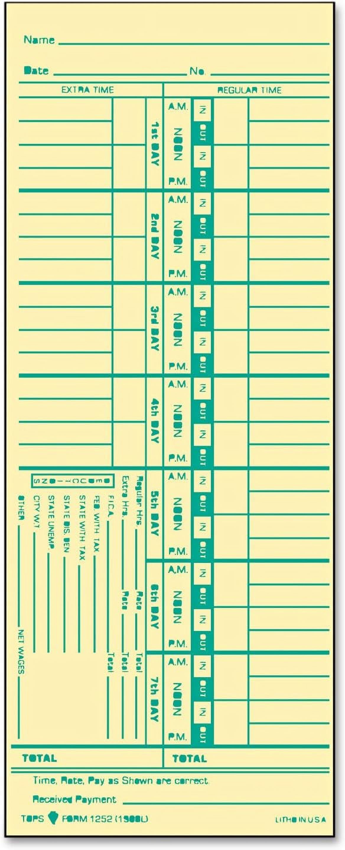 Weekly Time Cards, 1-Sided, Numbered Days, 3-1/2" X 9", Manila, Green ...
