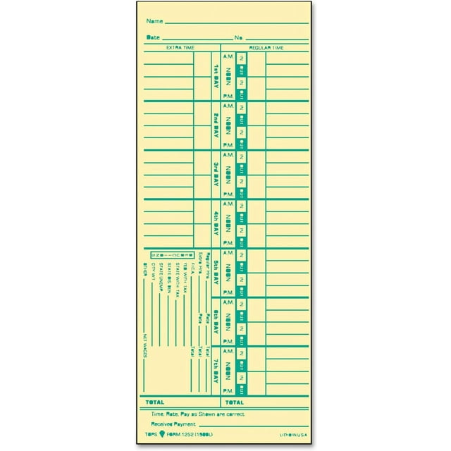 Weekly Time Cards, 1-Sided, Numbered Days, 3-1/2" X 9", Manila, Green ...