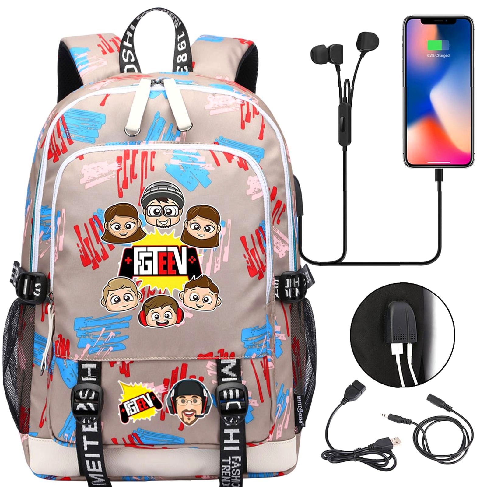 Weekyun FGTeeV Adventure backpack - Cartoon Design, Multi-Pocket, USB ...