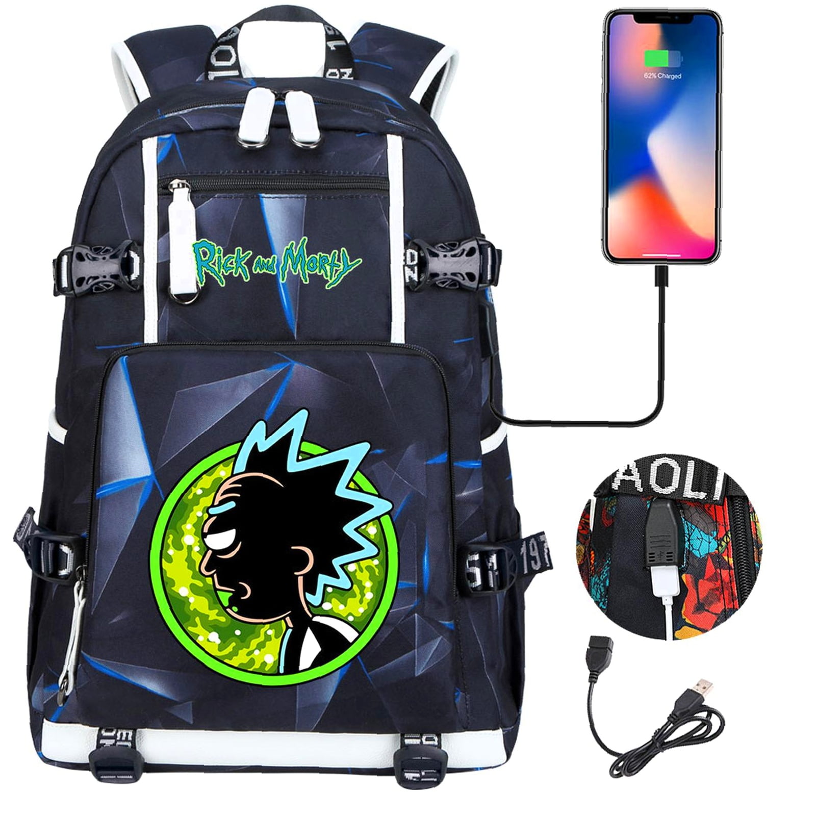 Weekyun Rick and Morty Inspired backpack with USB Port Double-Sided ...
