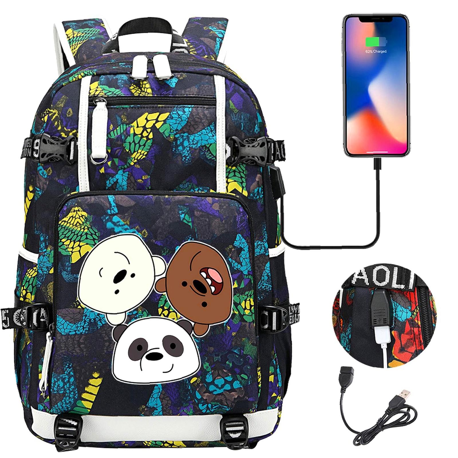 Weekyun We Bare Bears Young Cartoon Backpack with USB Charging, Multi ...
