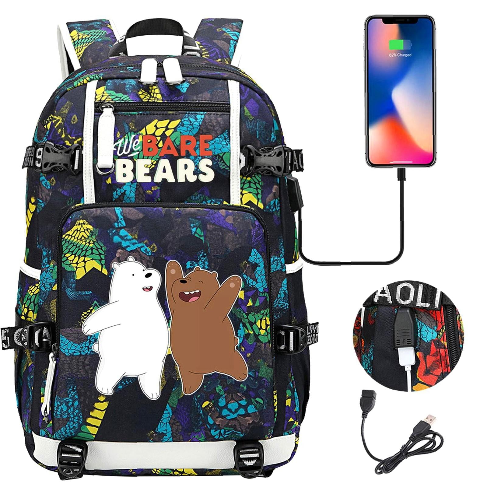 Weekyun We Bare Bears Young Cartoon Backpack with USB Port, Double ...