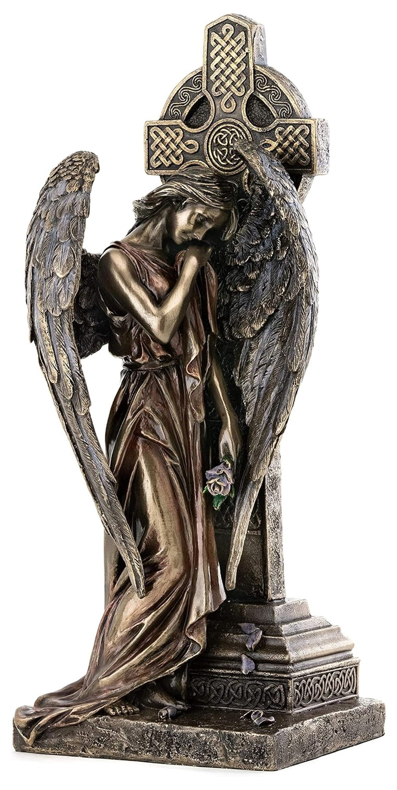 Weeping Angel of Grief Leaning on Celtic Cross Statue - Religious ...