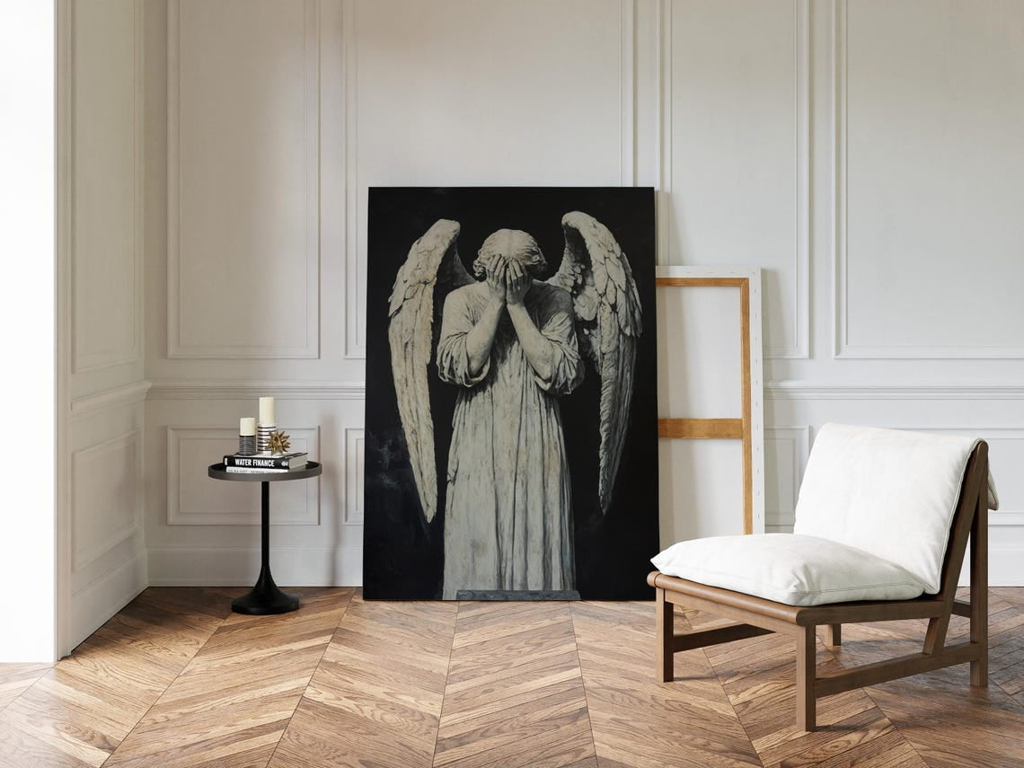 Weeping Angel Wall Art Gothic Statue Decor Mourning Angel Painting Dark ...