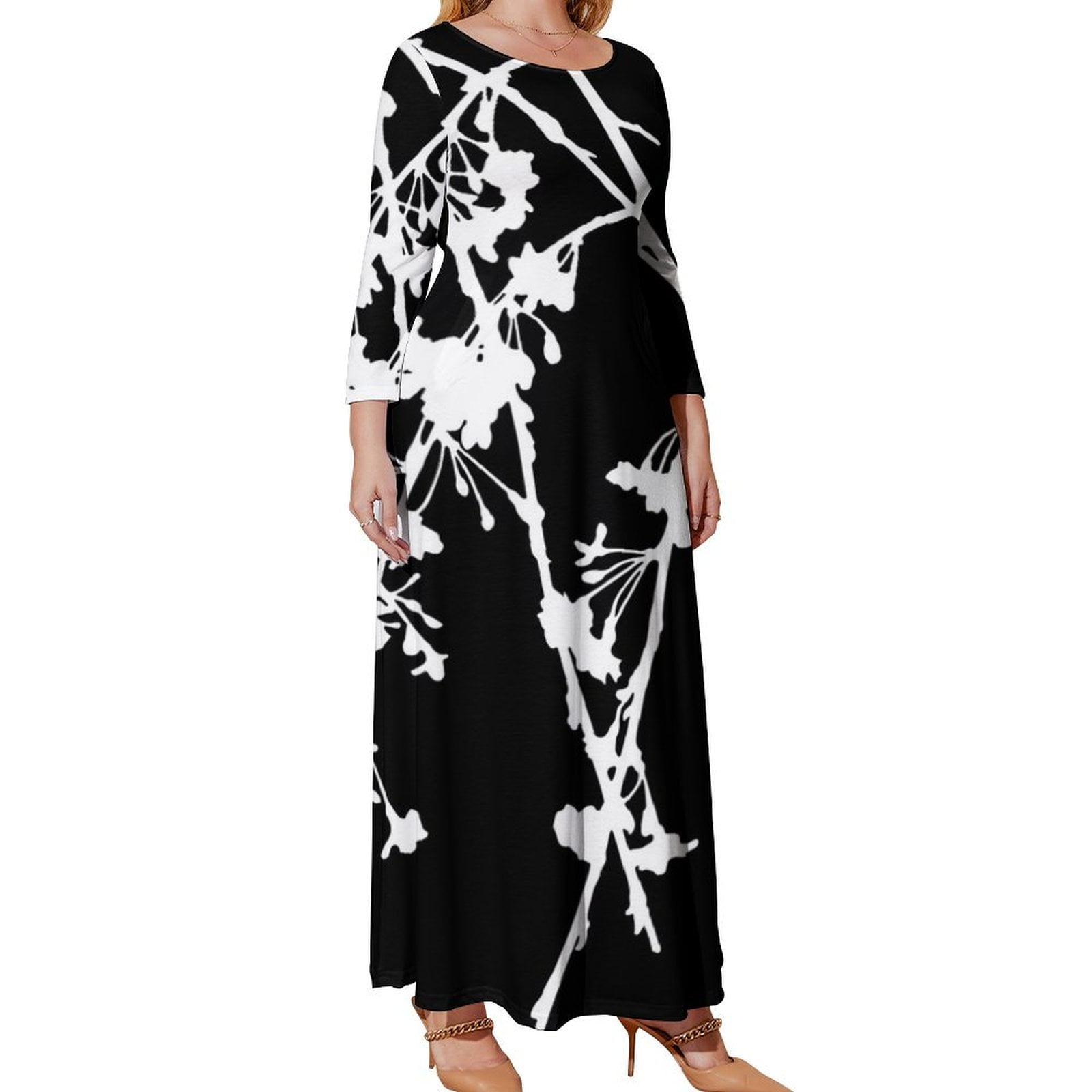Weeping Cherry Tree Branch White and Black Color Long Sleeved Dress ...