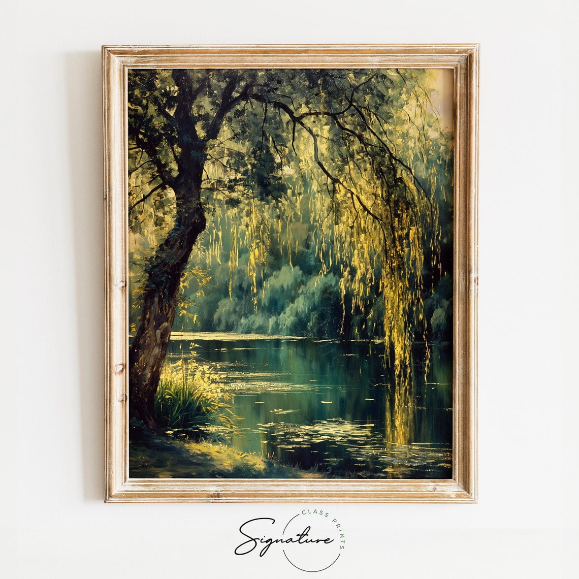 Weeping Willow, Serene Pond Reflections, Golden Sunlight, Nature Art ...