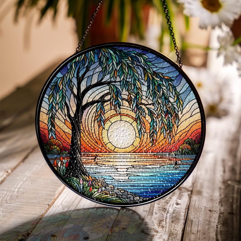 Weeping willow sunset GLASS Hanging, Sunset Suncatcher hanging, weeping ...