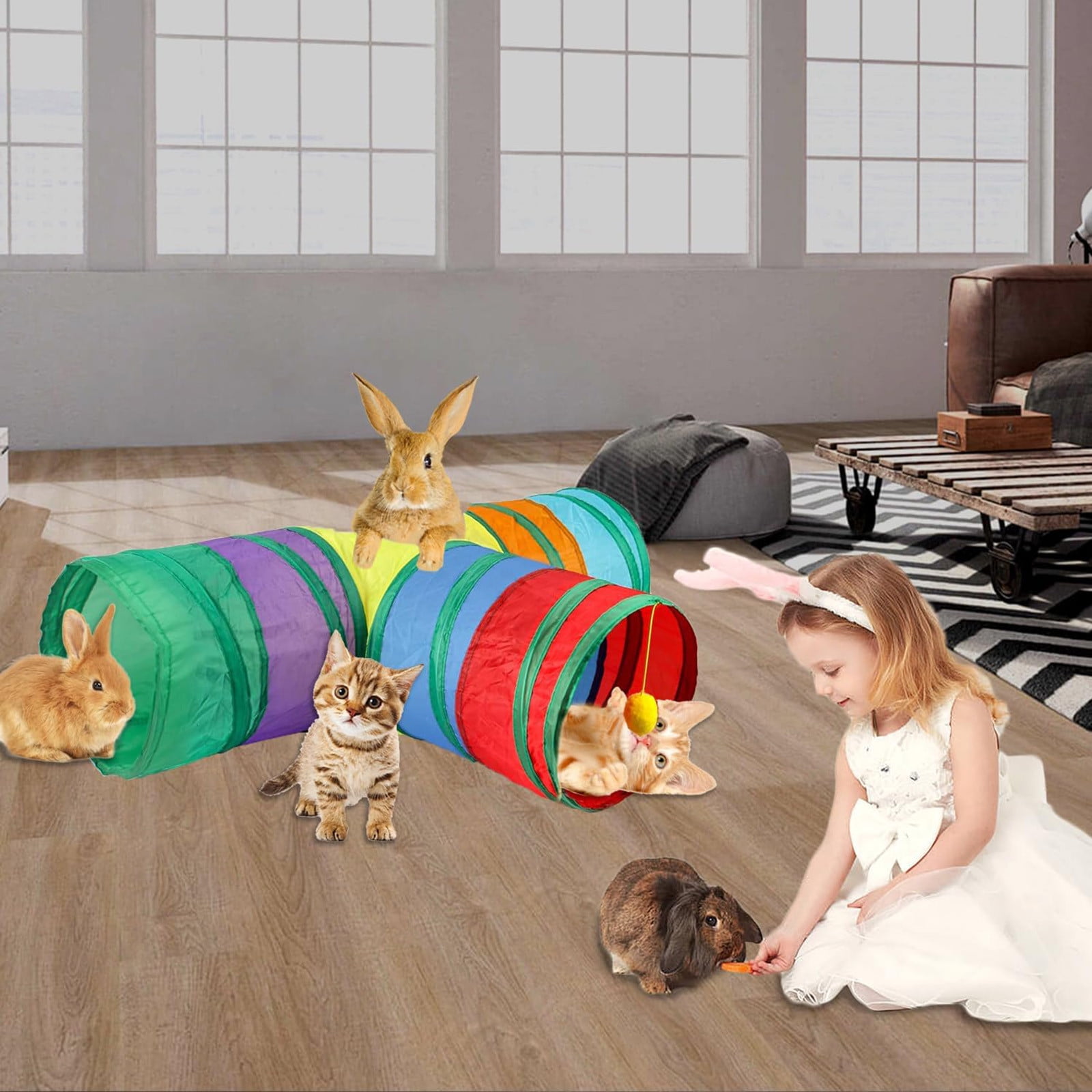 Weerihhol Rabbit Tunnels & Tubes Collapsible 3 Way Tunnel Bunny Hideout ...